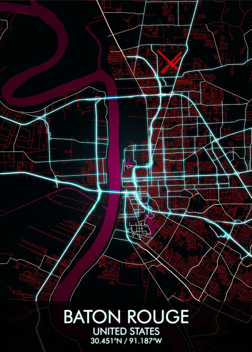 'Baton Rouge Louisiana Map' Poster, picture, metal print, paint by ...