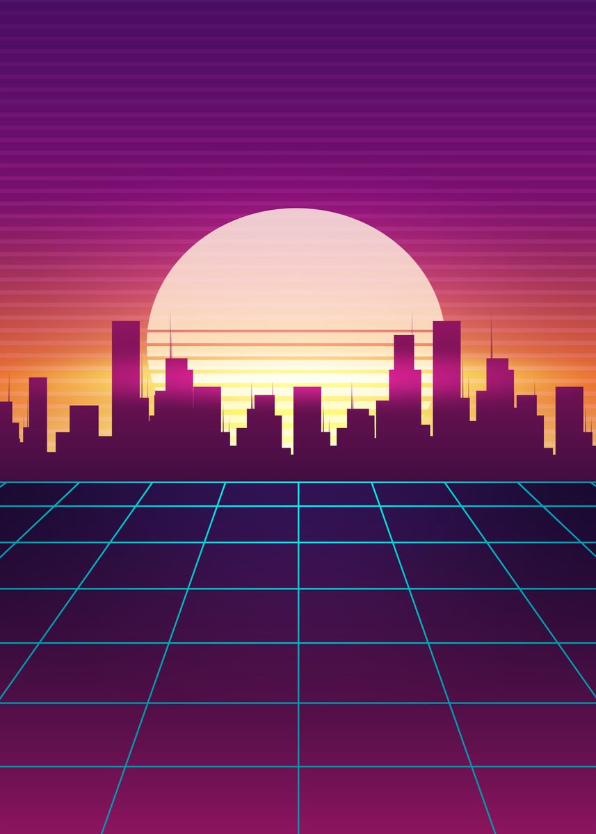 'Cityscape Sunset Synthwave' Poster, picture, metal print, paint by EDM Project | Displate