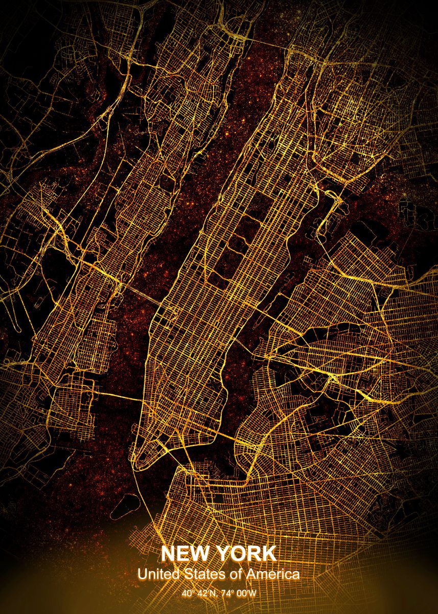 'new york city night map' Poster, picture, metal print, paint by ...
