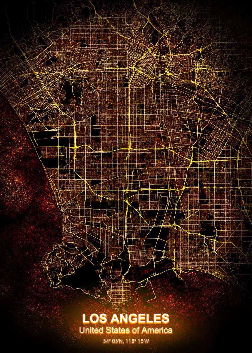 'los angeles city night map' Poster by Project X | Displate