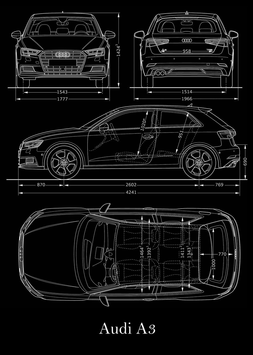 'Audi A3 2016 Blueprint' Poster, picture, metal print, paint by B & W ...