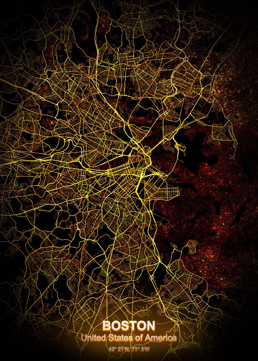 'boston night map' Poster, picture, metal print, paint by Project X ...