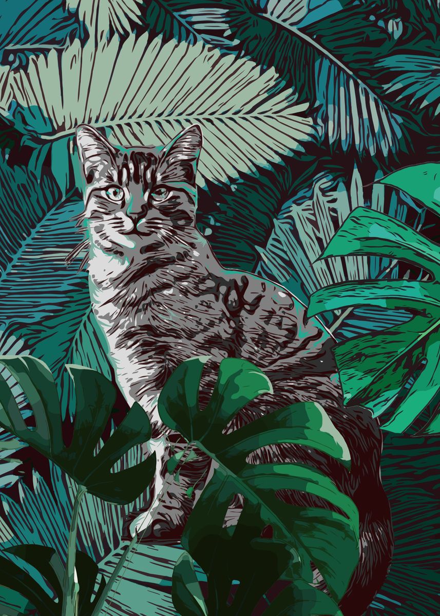 'Cat with nature' Poster, picture, metal print, paint by Viennarz ...