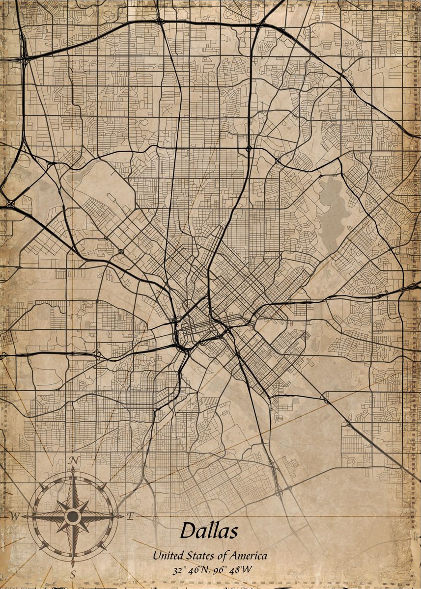 'dallas vintage city map' Poster, picture, metal print, paint by ...