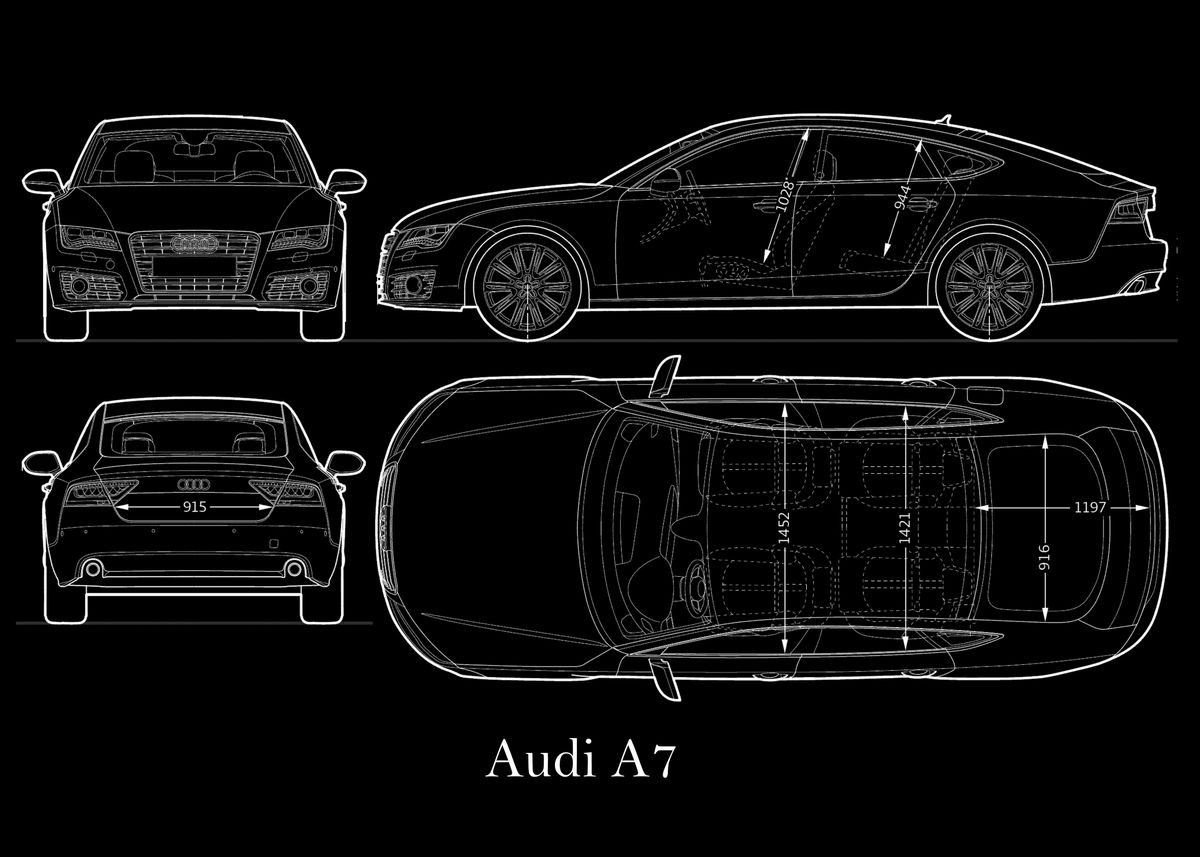'Audi A7 2010 Blueprint' Poster by B & W Arts | Displate