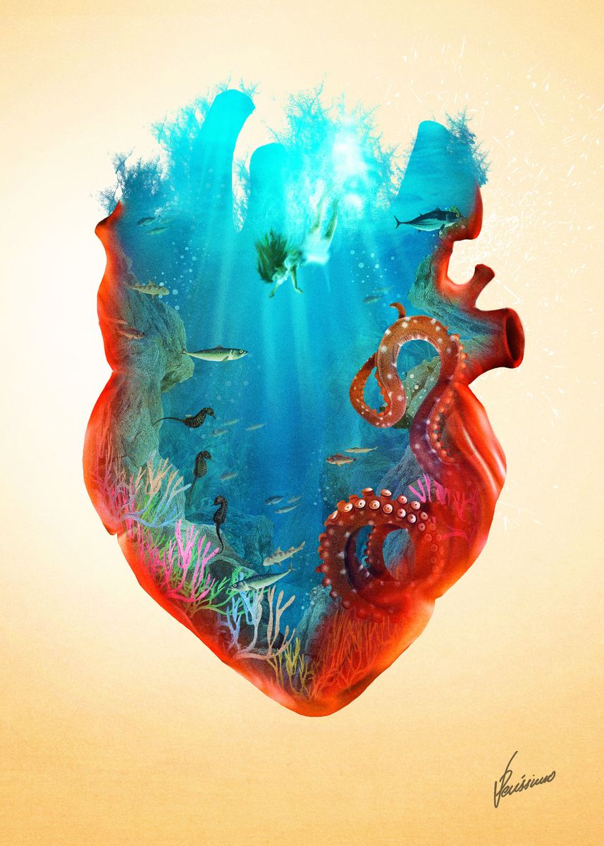'Diving Heart' Poster, picture, metal print, paint by Diogo Verissimo ...