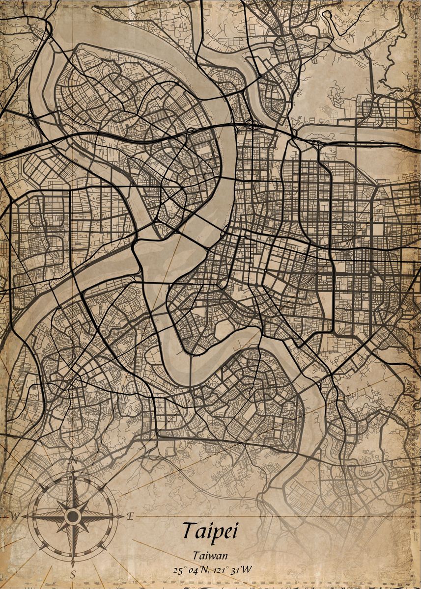 'taipei vintage city map' Poster, picture, metal print, paint by ...