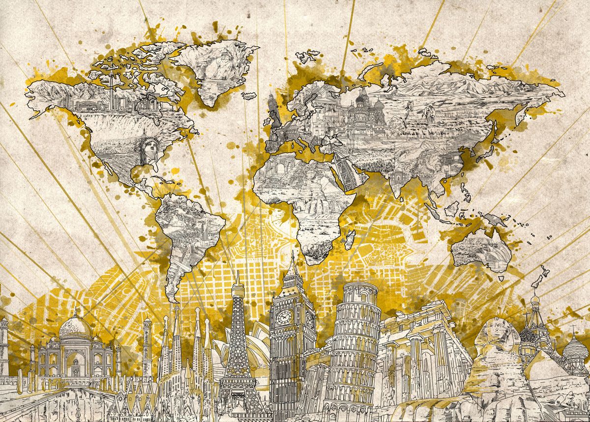 'world map landmark vintage' Poster by Bekim Art | Displate