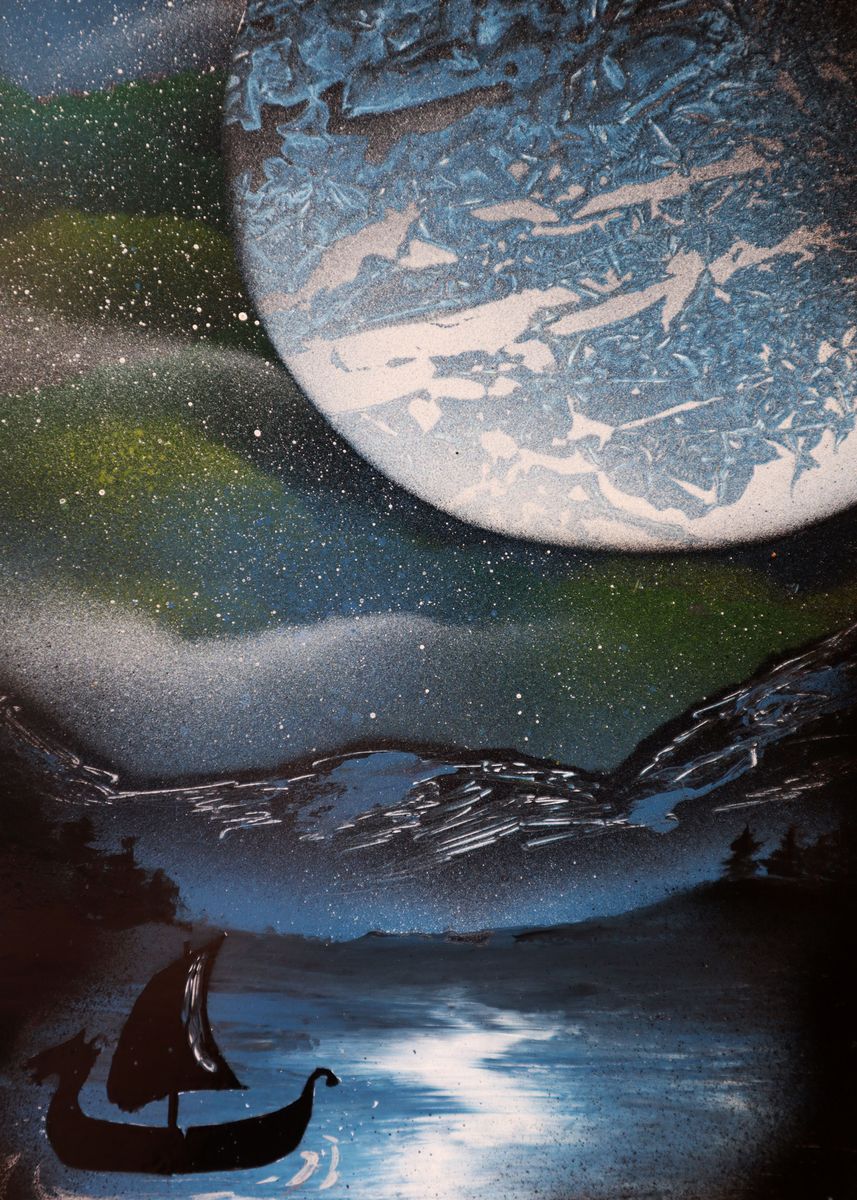 'Viking Ship Rising Moon' Poster, picture, metal print, paint by ...