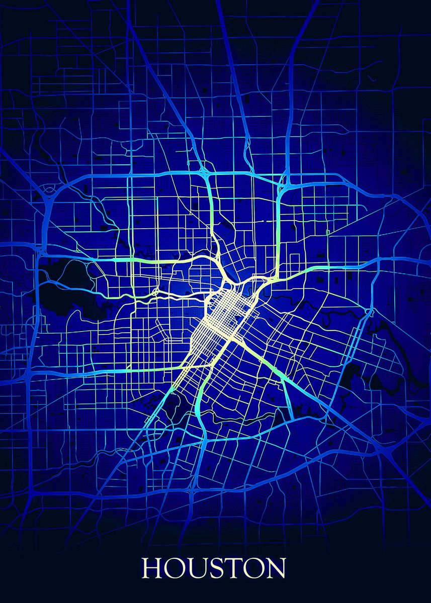 'Houston Classic Blue Map' Poster by Artcom Atudio | Displate