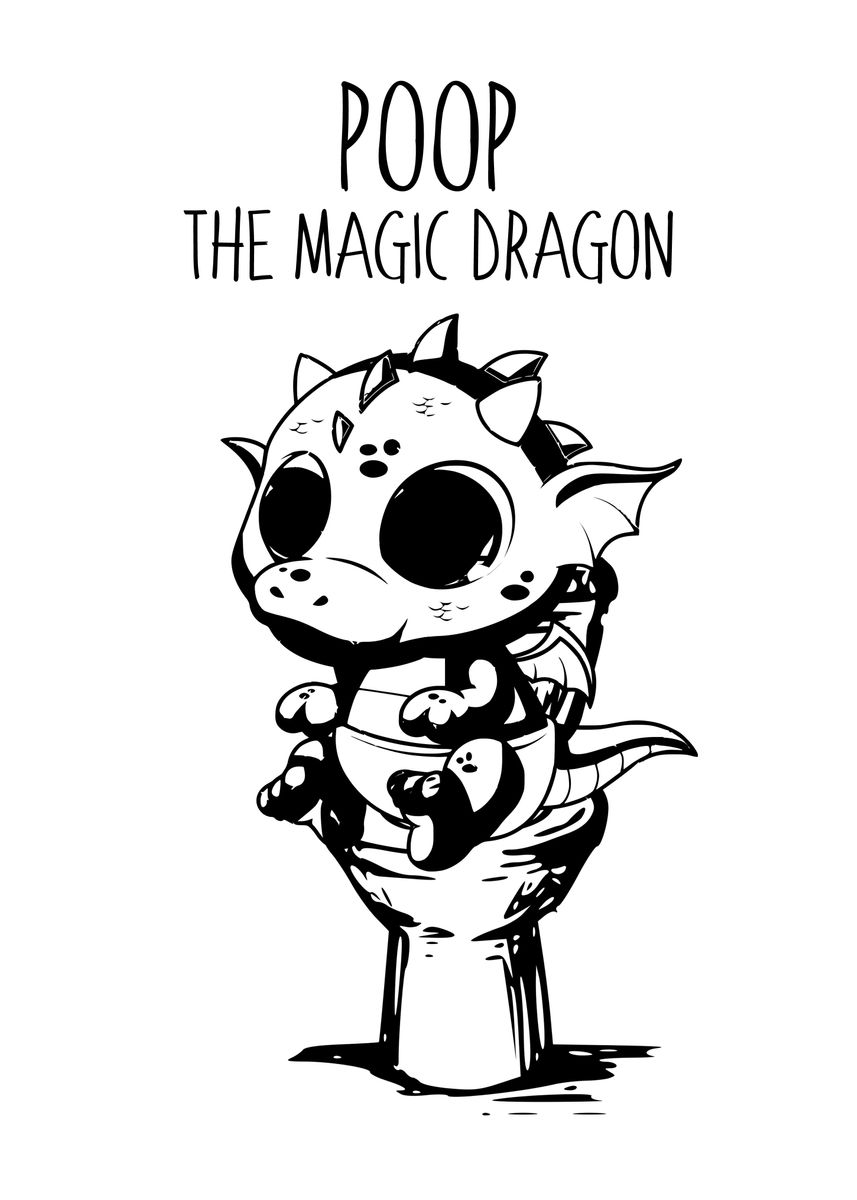 'Funny Bathroom Dragon BW' Poster, picture, metal print, paint by ...