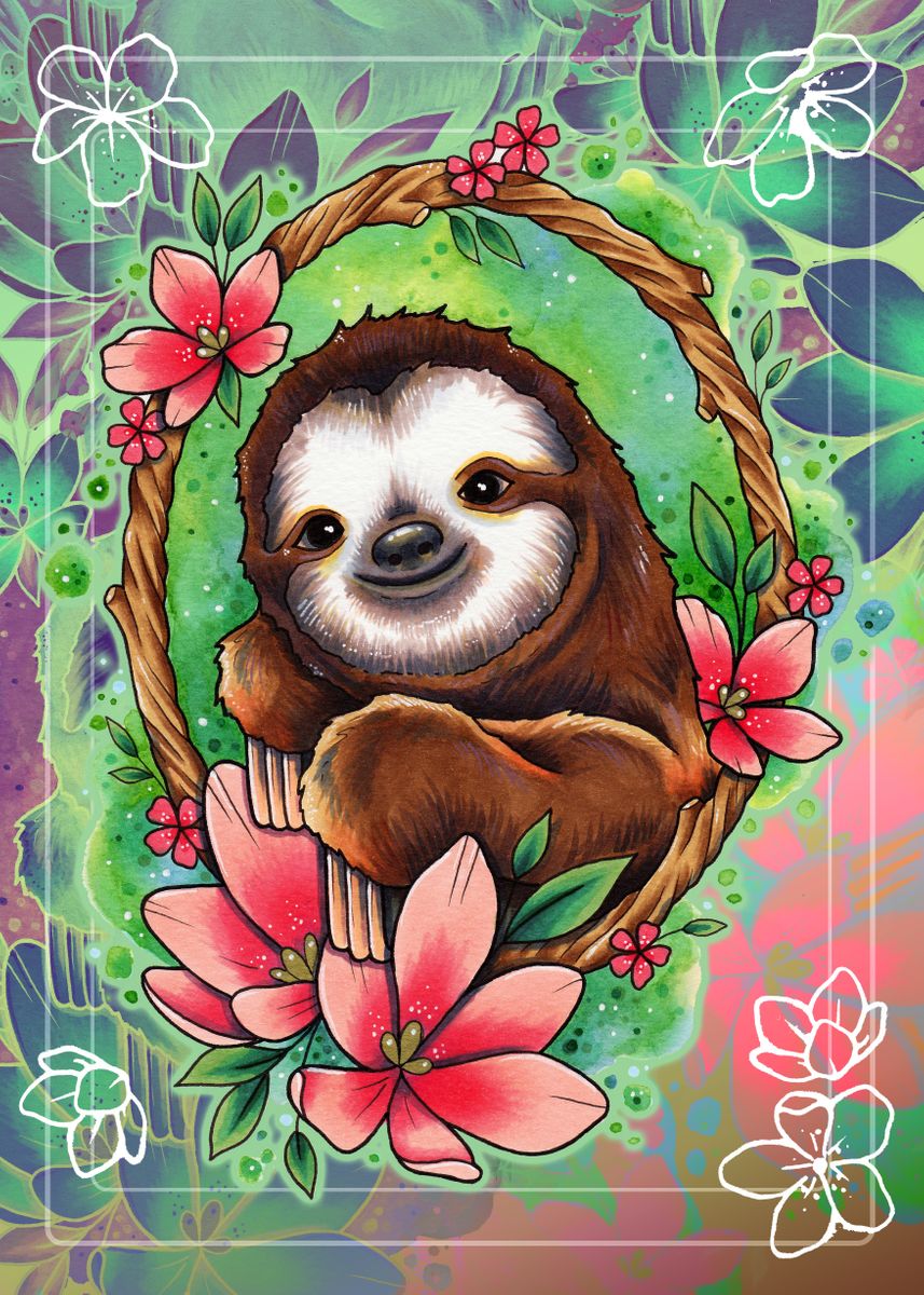'Neo Traditional Sloth' Poster, picture, metal print, paint by ...