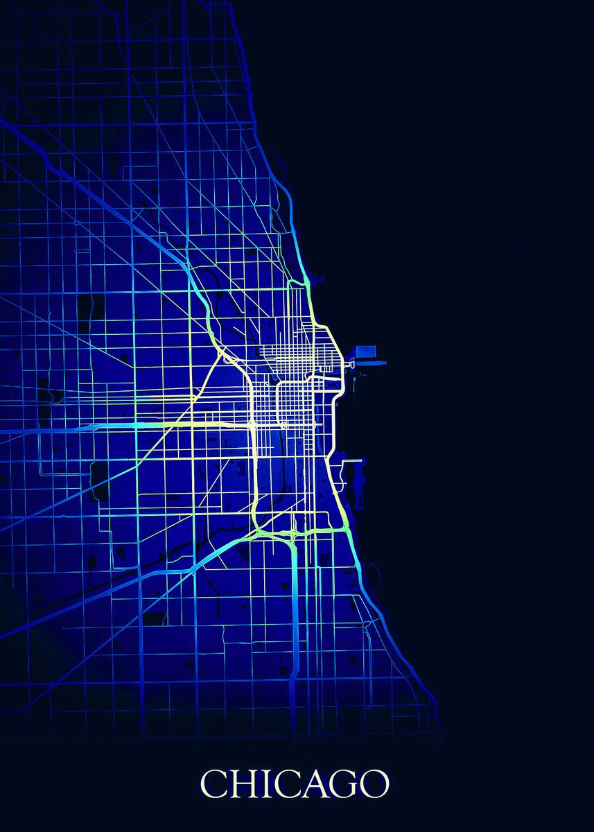 'Chicago Classic Blue Map' Poster, picture, metal print, paint by ...
