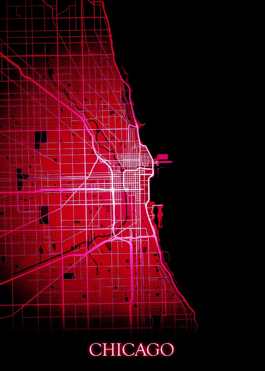 'Chicago Illinois Red Map' Poster, picture, metal print, paint by ...