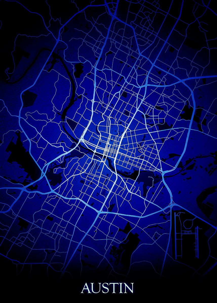 'Austin Blue Map ' Poster, picture, metal print, paint by cuplizx ...