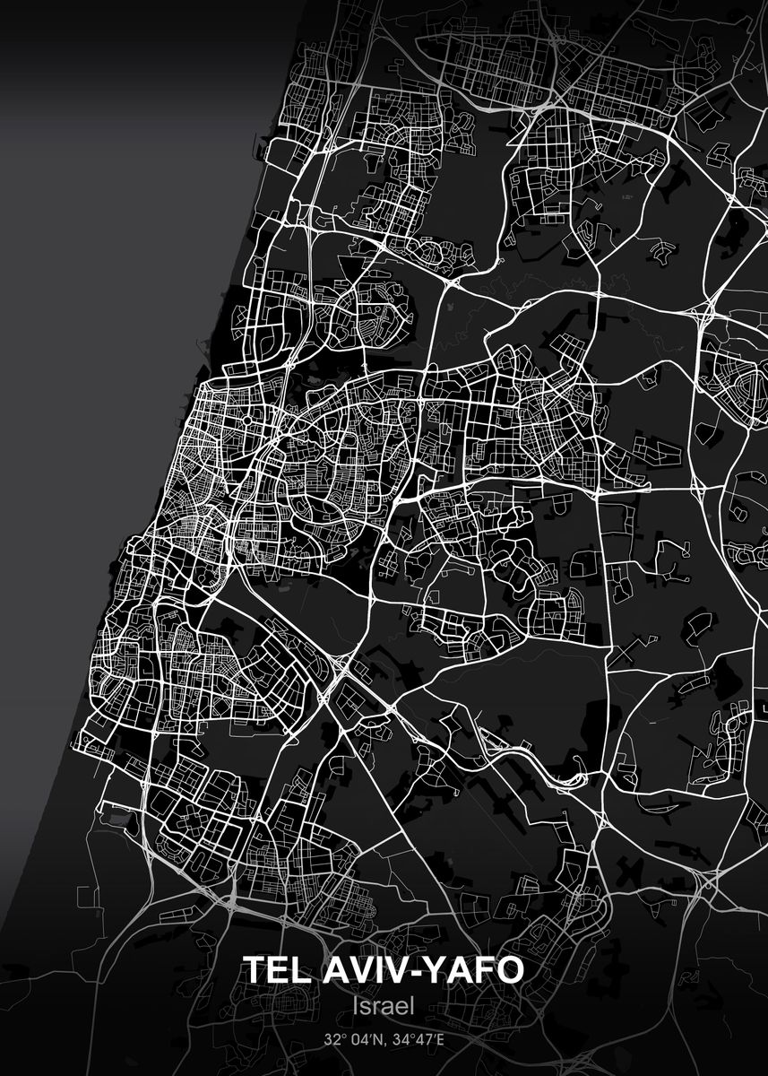 'tel aviv yafo map black' Poster, picture, metal print, paint by ...