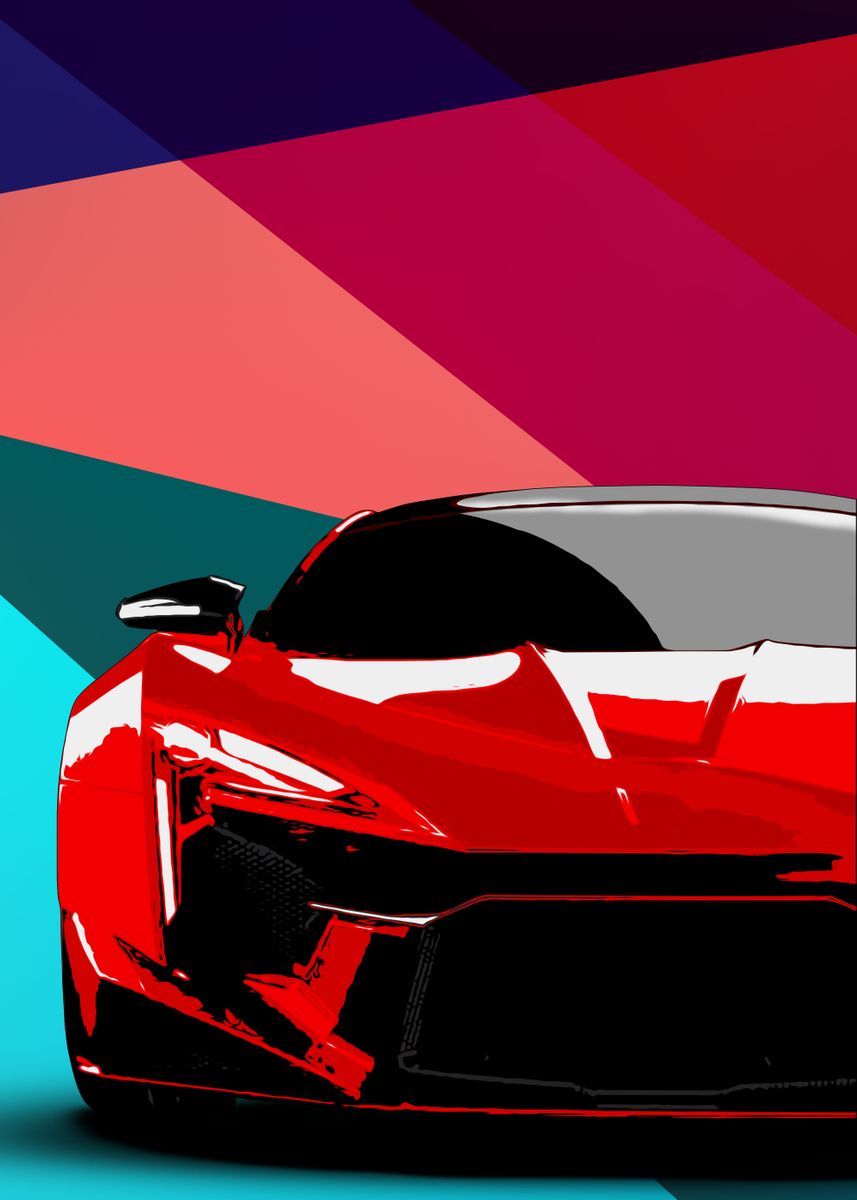 'Red Car' Poster, picture, metal print, paint by Pegasus Art | Displate