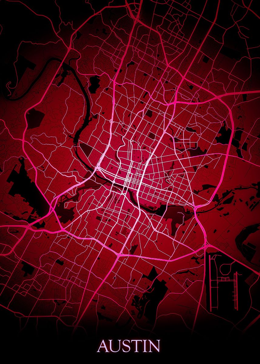 'Austin red Map' Poster, picture, metal print, paint by cuplizx | Displate