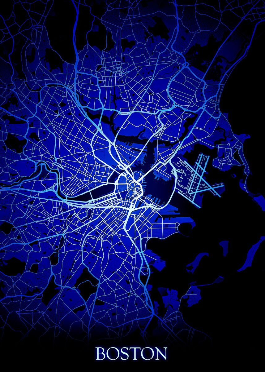 'Boston Night Blue Map' Poster, picture, metal print, paint by cuplizx ...