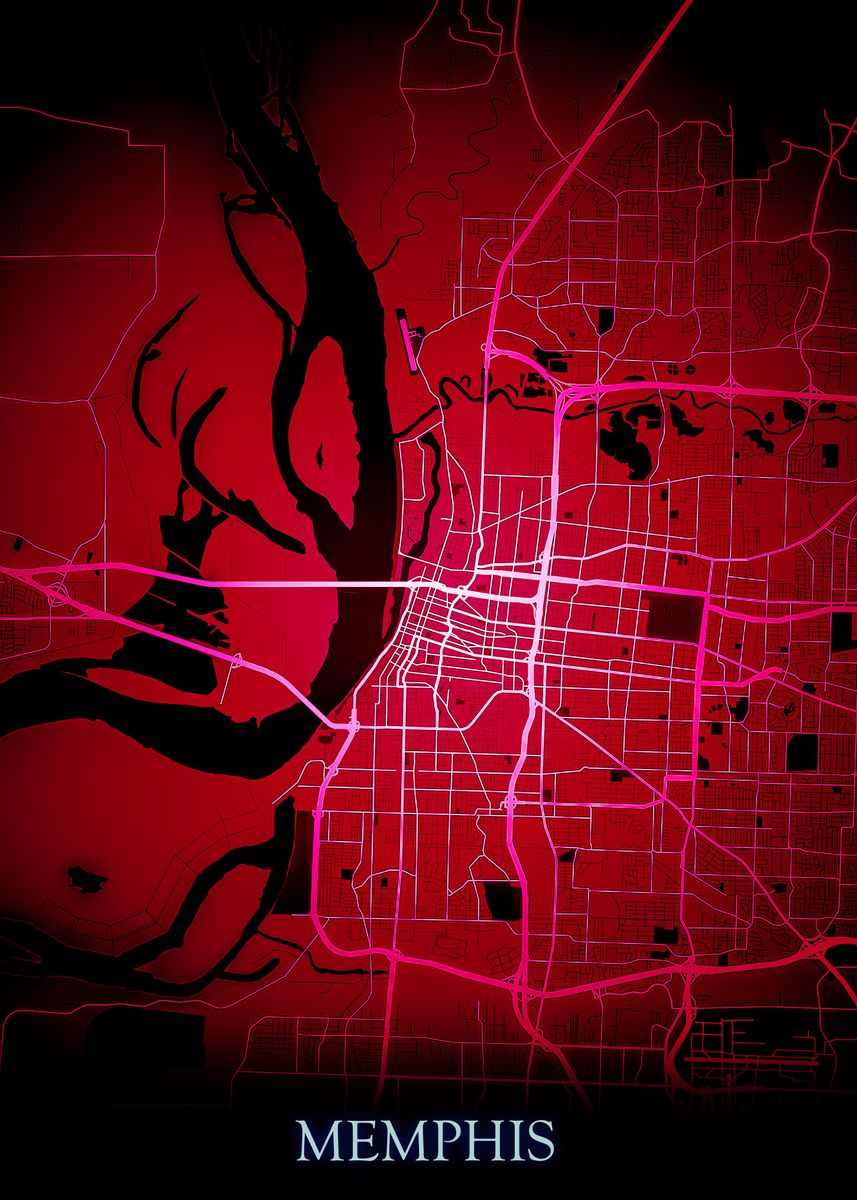 'Memphis Night Red Map' Poster, picture, metal print, paint by cuplizx ...
