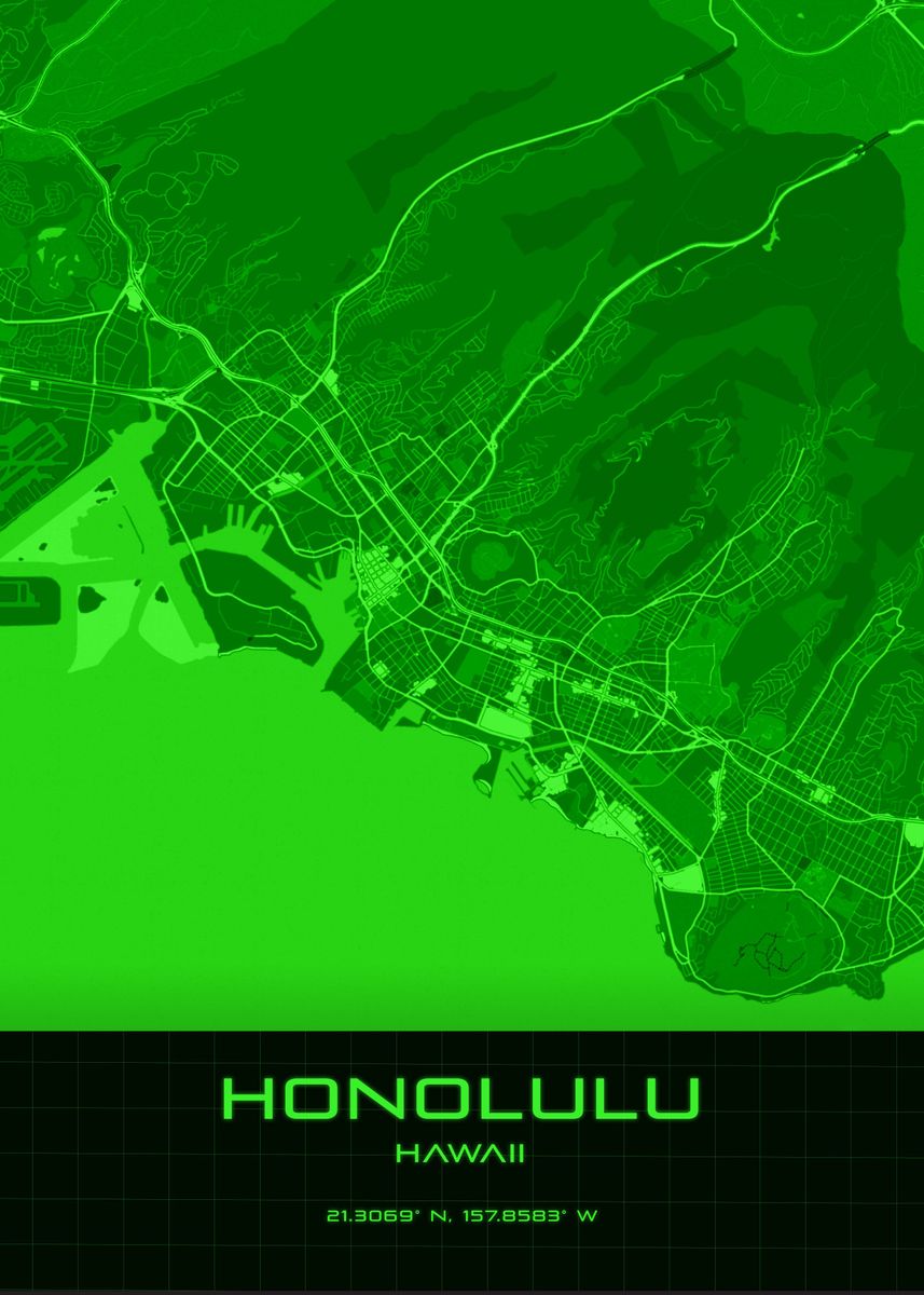 'Honolulu Synthwave Map' Poster by Marek Dubienski | Displate