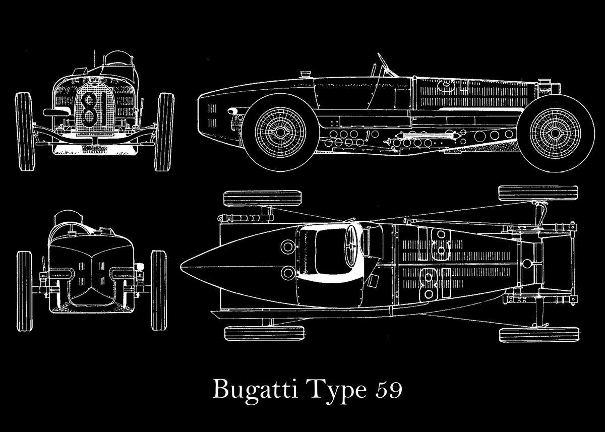 'Bugatti Type 59 Blueprint' Poster by B & W Arts | Displate