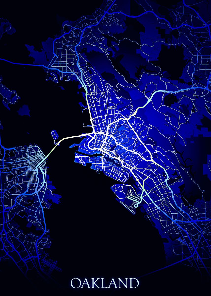 'Oakland Blue Map' Poster, picture, metal print, paint by Artcom Atudio ...