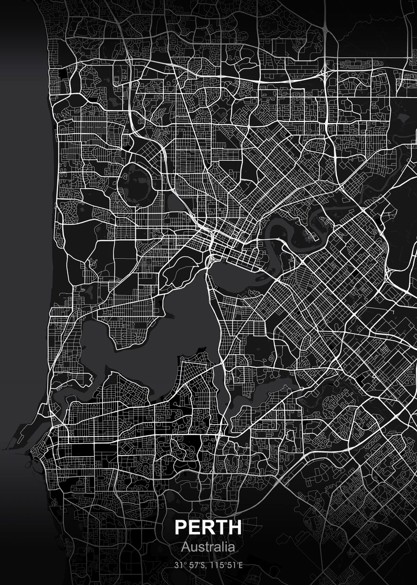 'perth city map black ' Poster, picture, metal print, paint by Project ...