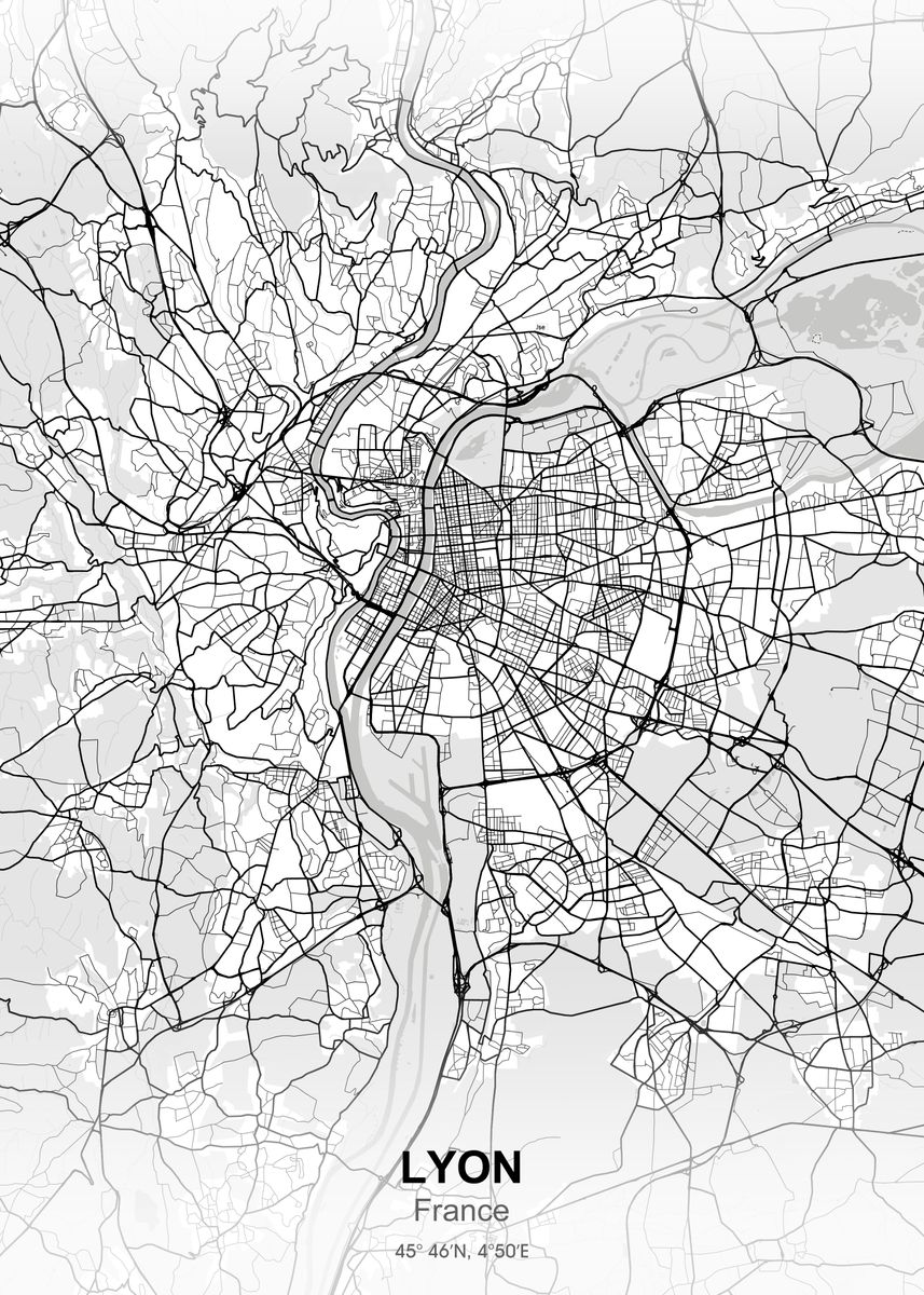 'lyon city map white' Poster, picture, metal print, paint by Project X ...