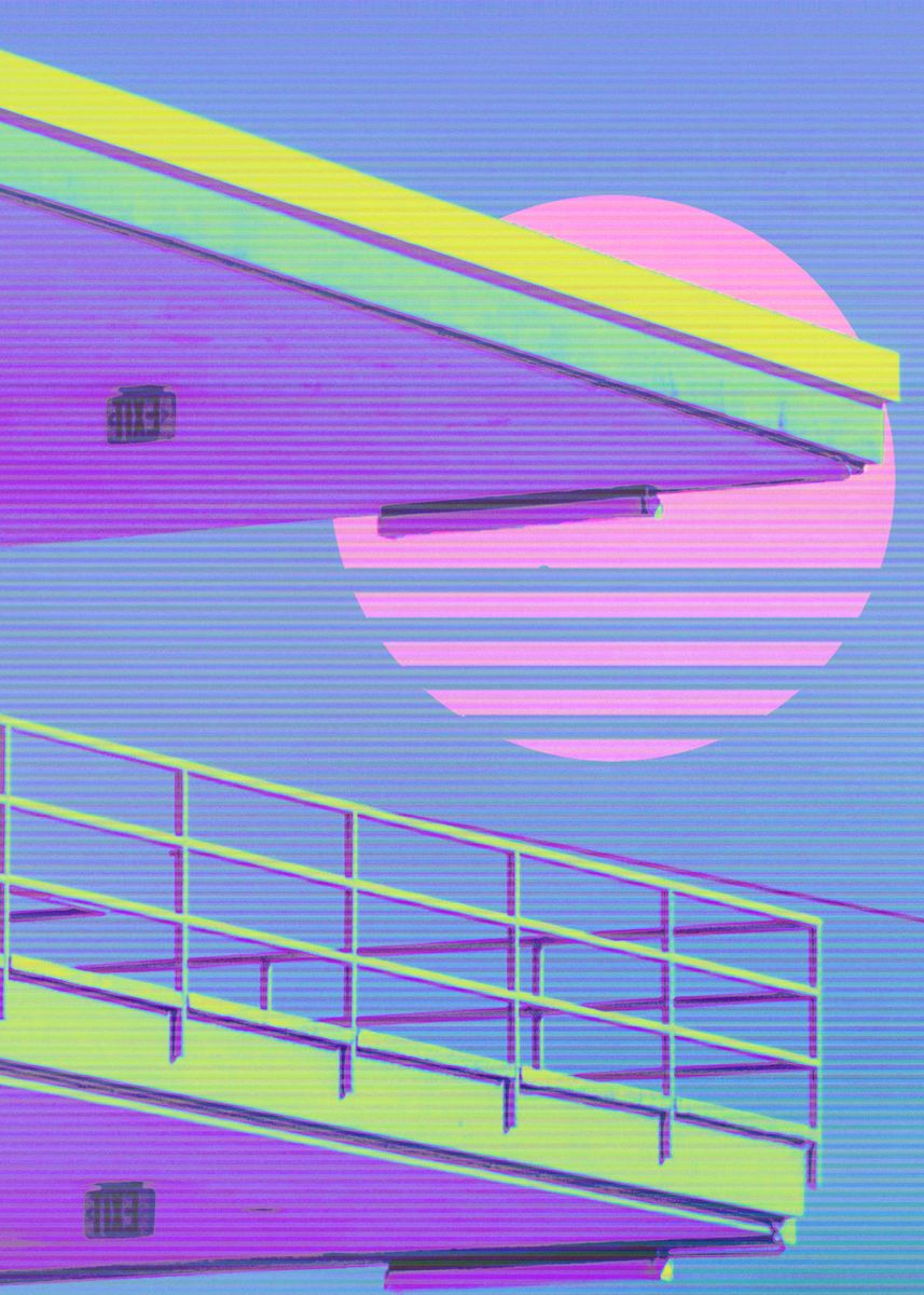 'HOUSE SUNSET 80s' Poster, picture, metal print, paint by Exhozt | Displate