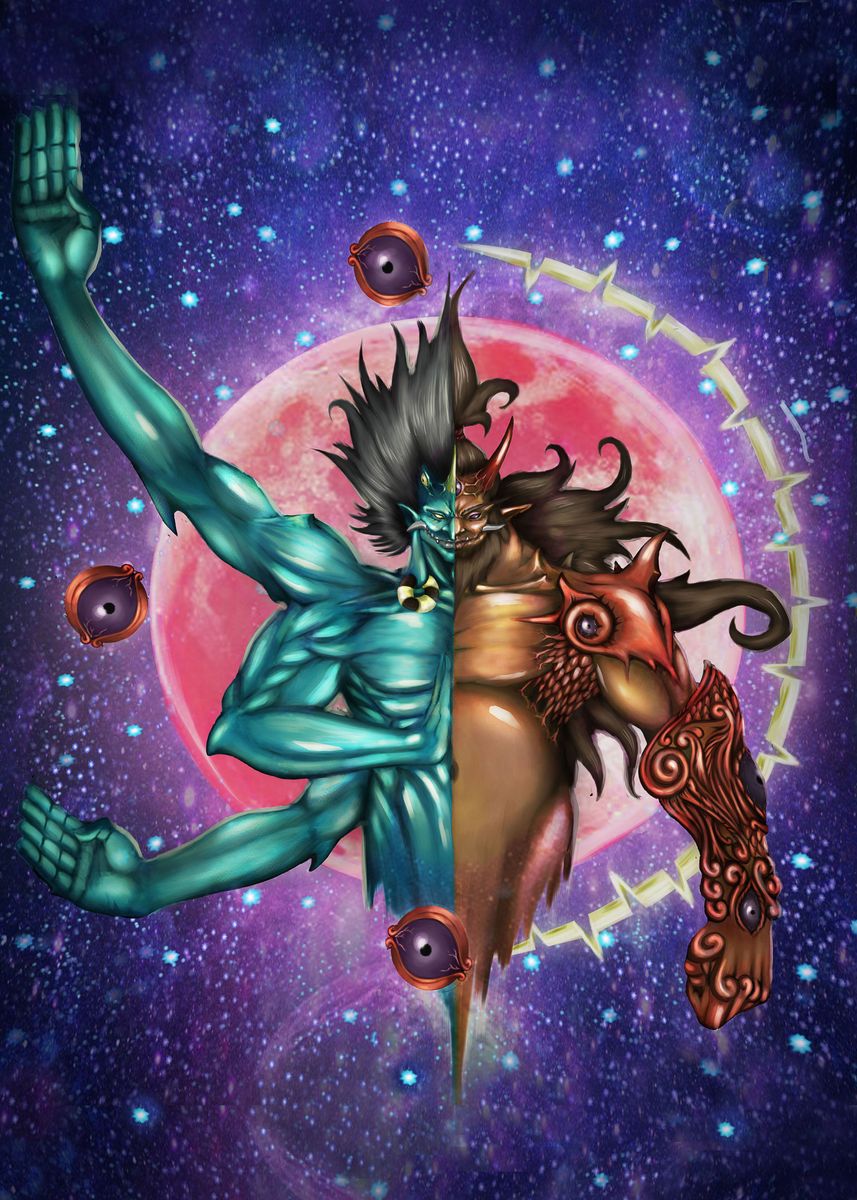 'Blue and Red Oni' Poster, picture, metal print, paint by Henri Debayle ...