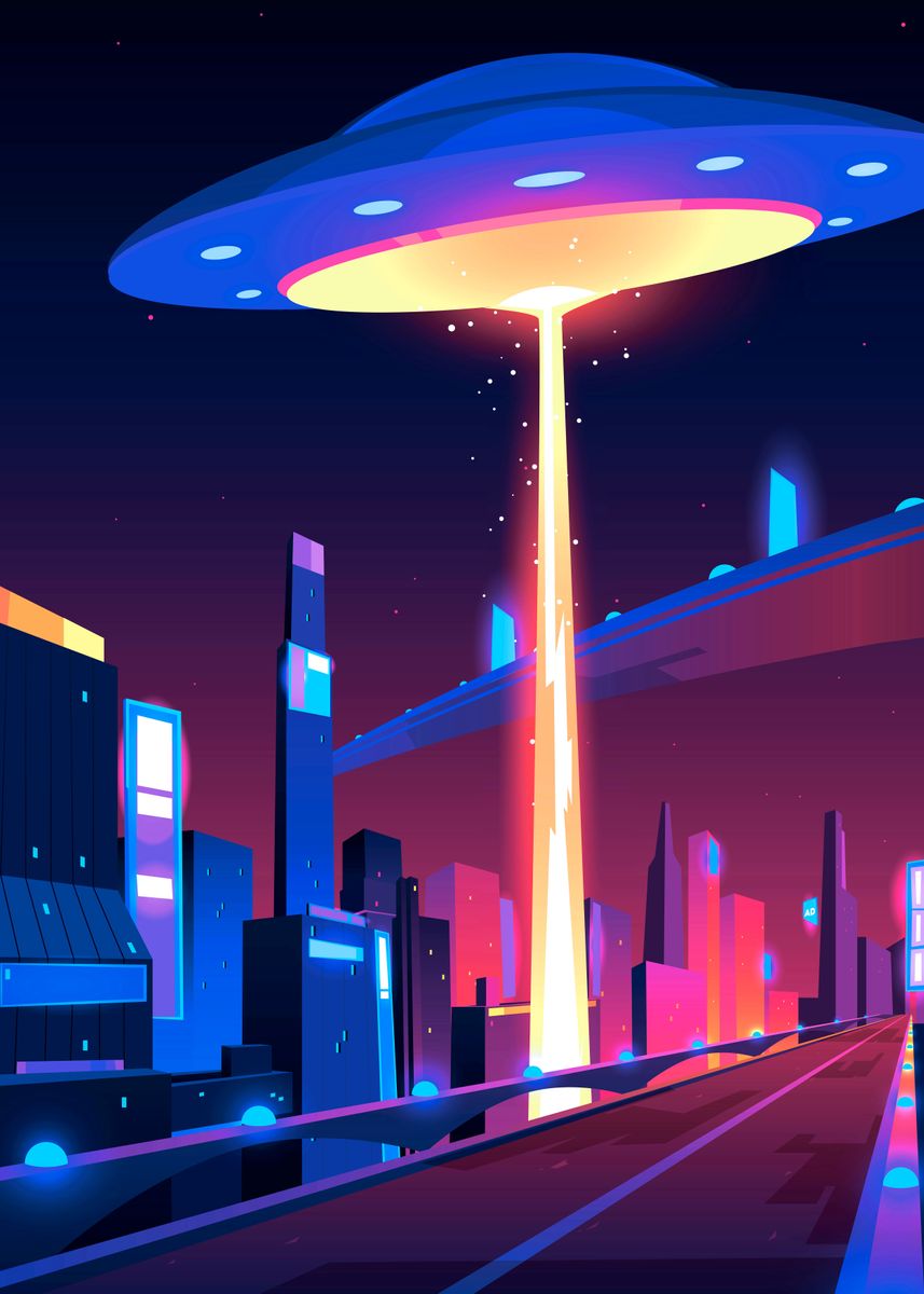 'Synthwave Neon UFO' Poster, picture, metal print, paint by Synthwave ...