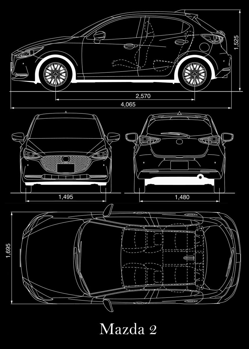 'Mazda 2 2019 Blueprint ' Poster, picture, metal print, paint by B & W ...