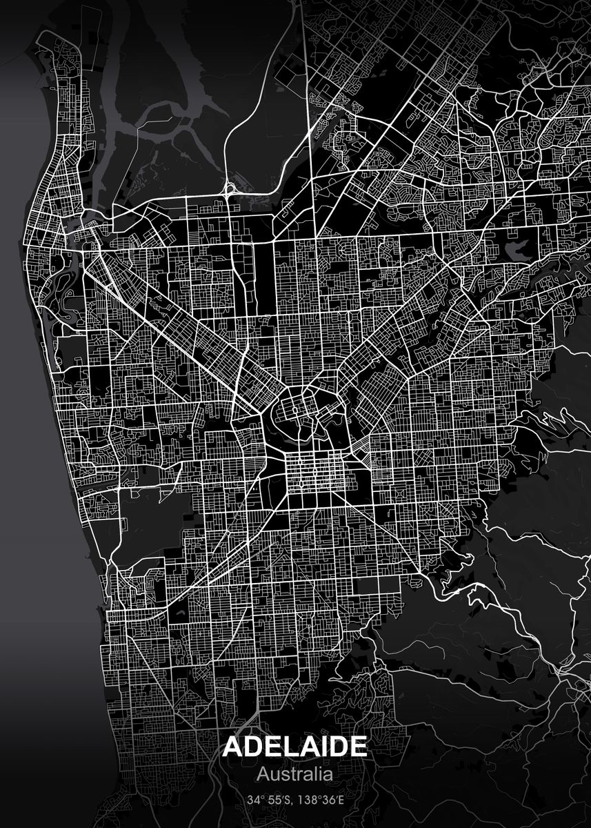 'ADELAIDE City map black' Poster, picture, metal print, paint by ...