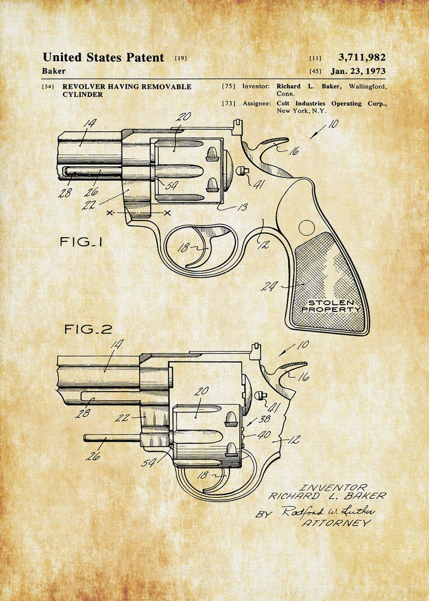 '1973 Colt Revolver Patent' Poster, picture, metal print, paint by ...
