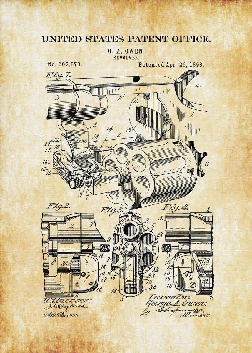 '1898 Revolver Patent' Poster, picture, metal print, paint by Lloyd ...