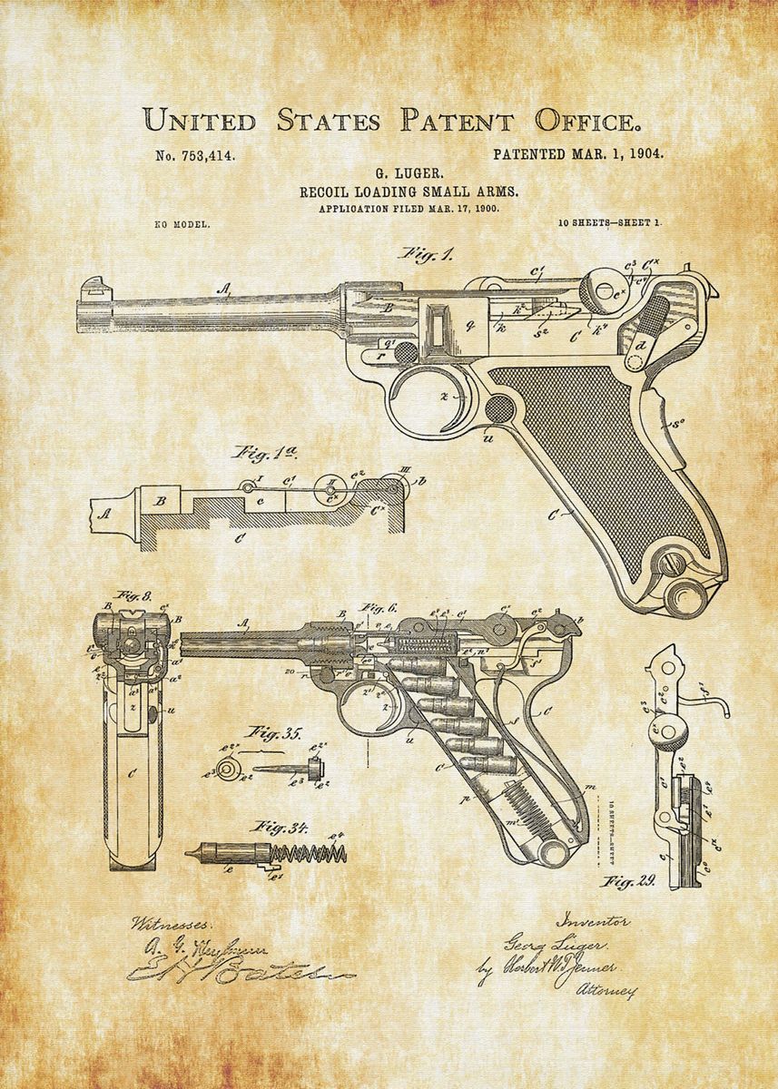 'Luger Pistol Patent' Poster, picture, metal print, paint by Lloyd ...