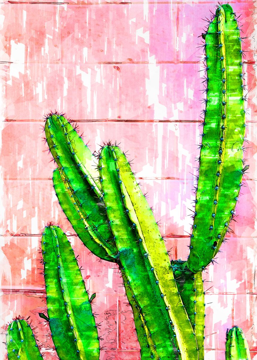 'Green Cactus Pink Wall' Poster by Colortrix | Displate