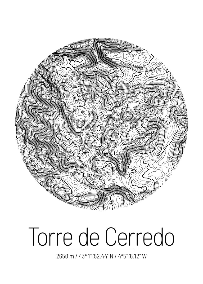 'Torre de Cerredo Topo Map' Poster, picture, metal print, paint by ...