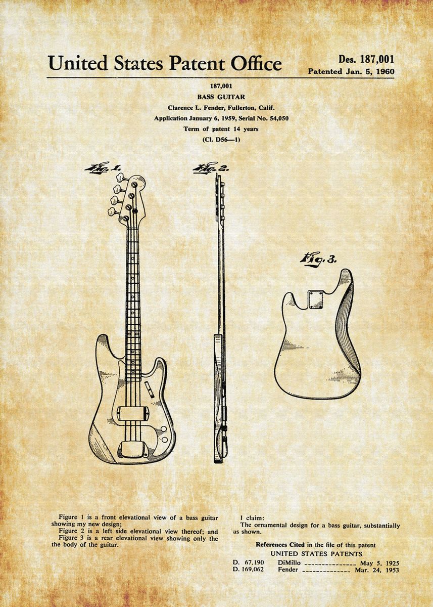 'Fender Bass Guitar Patent' Poster by Lloyd Studio | Displate