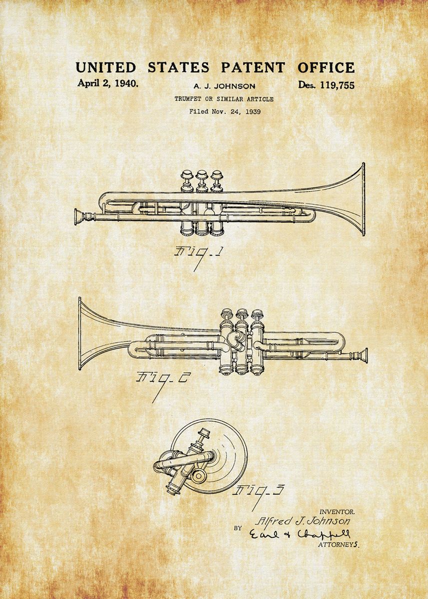 '1940 Trumpet Patent' Poster, picture, metal print, paint by Lloyd ...
