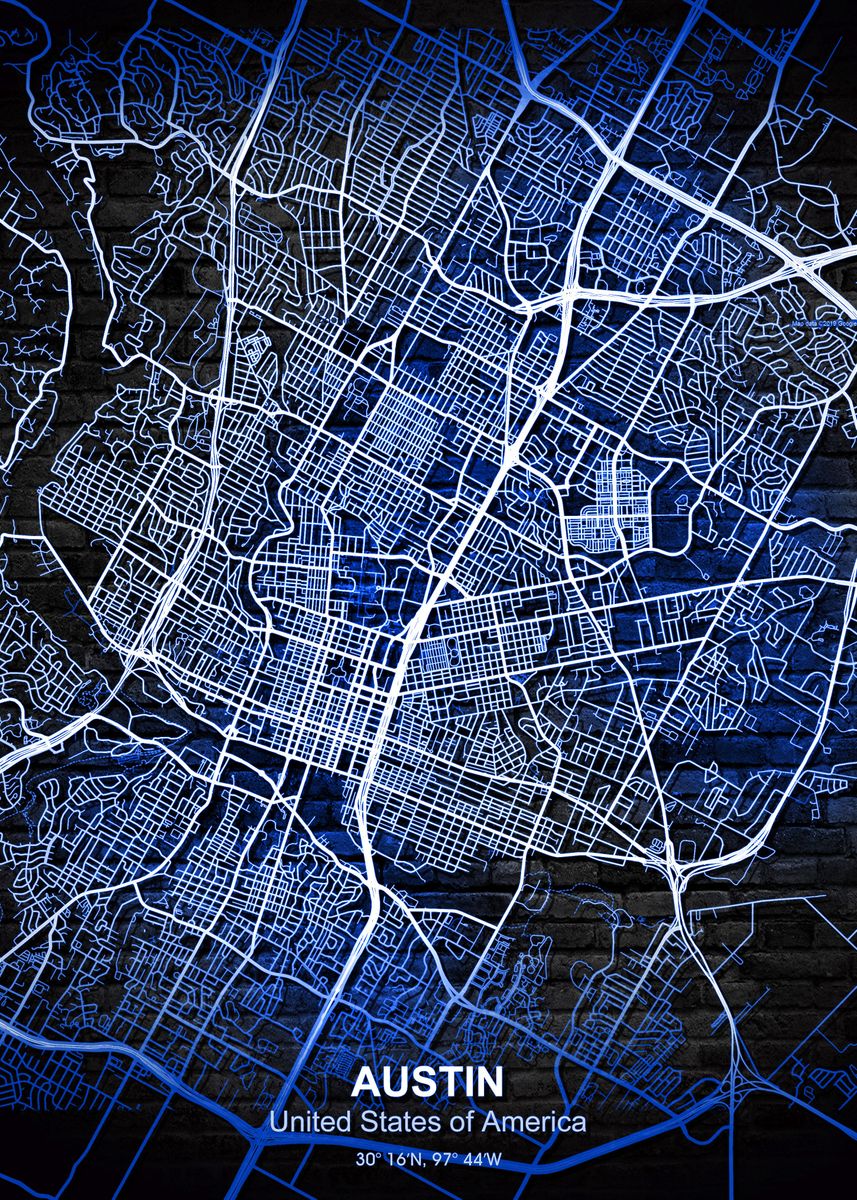 'austin blue wall map' Poster by Project X | Displate