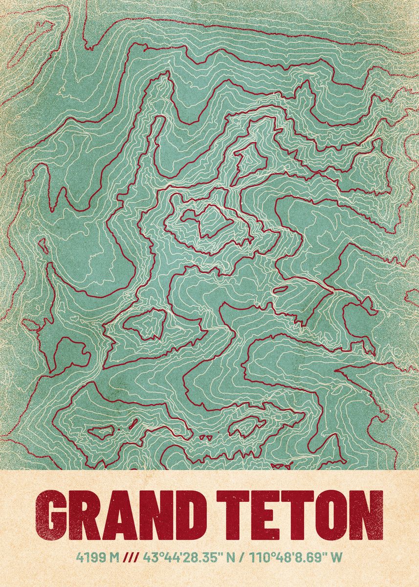 'Grand Teton Topo Map' Poster, picture, metal print, paint by ViaMapia ...