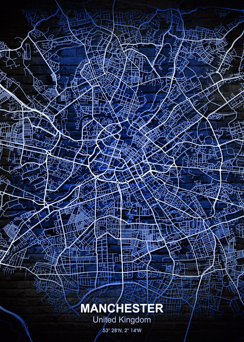 'manchester blue wall map' Poster, picture, metal print, paint by ...