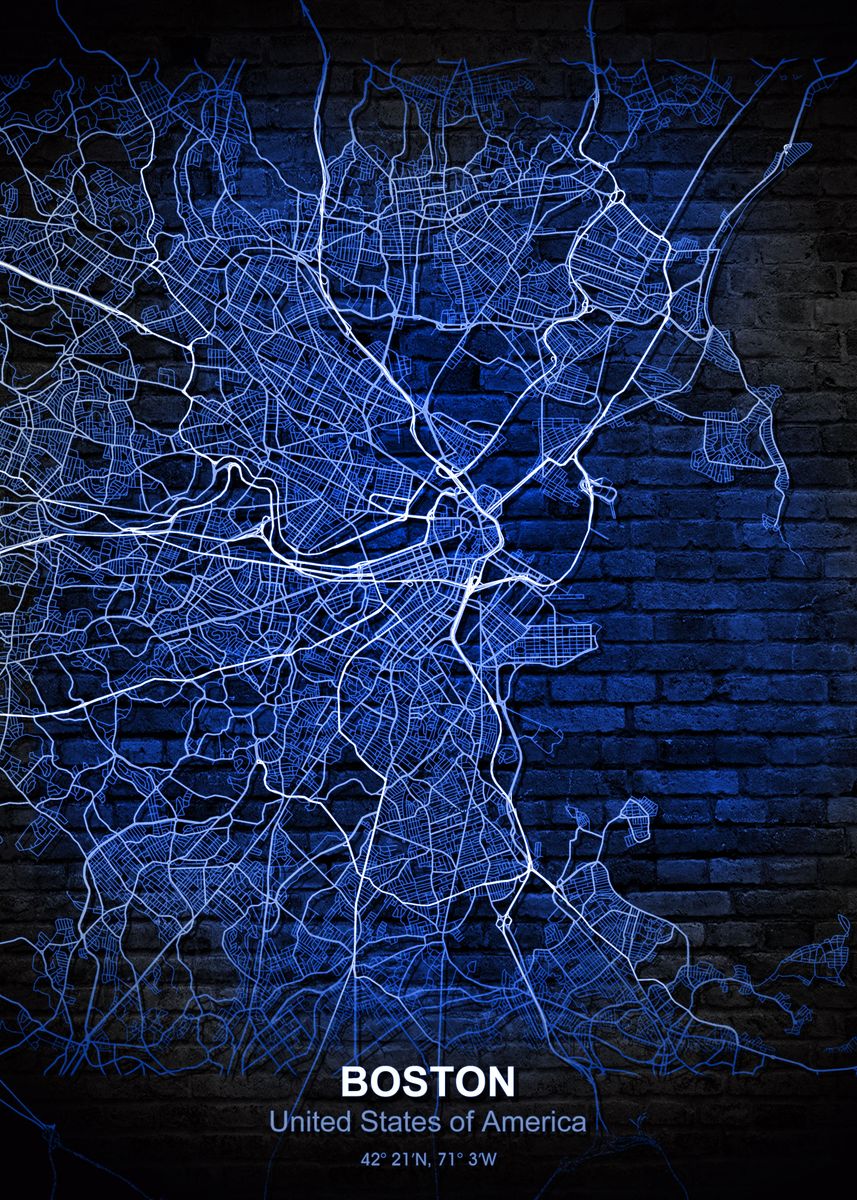'boston blue wall map' Poster, picture, metal print, paint by Project X ...