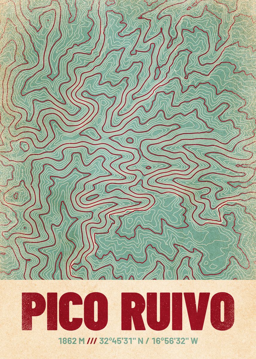 'Pico Ruivo Topographic Map' Poster, picture, metal print, paint by ...