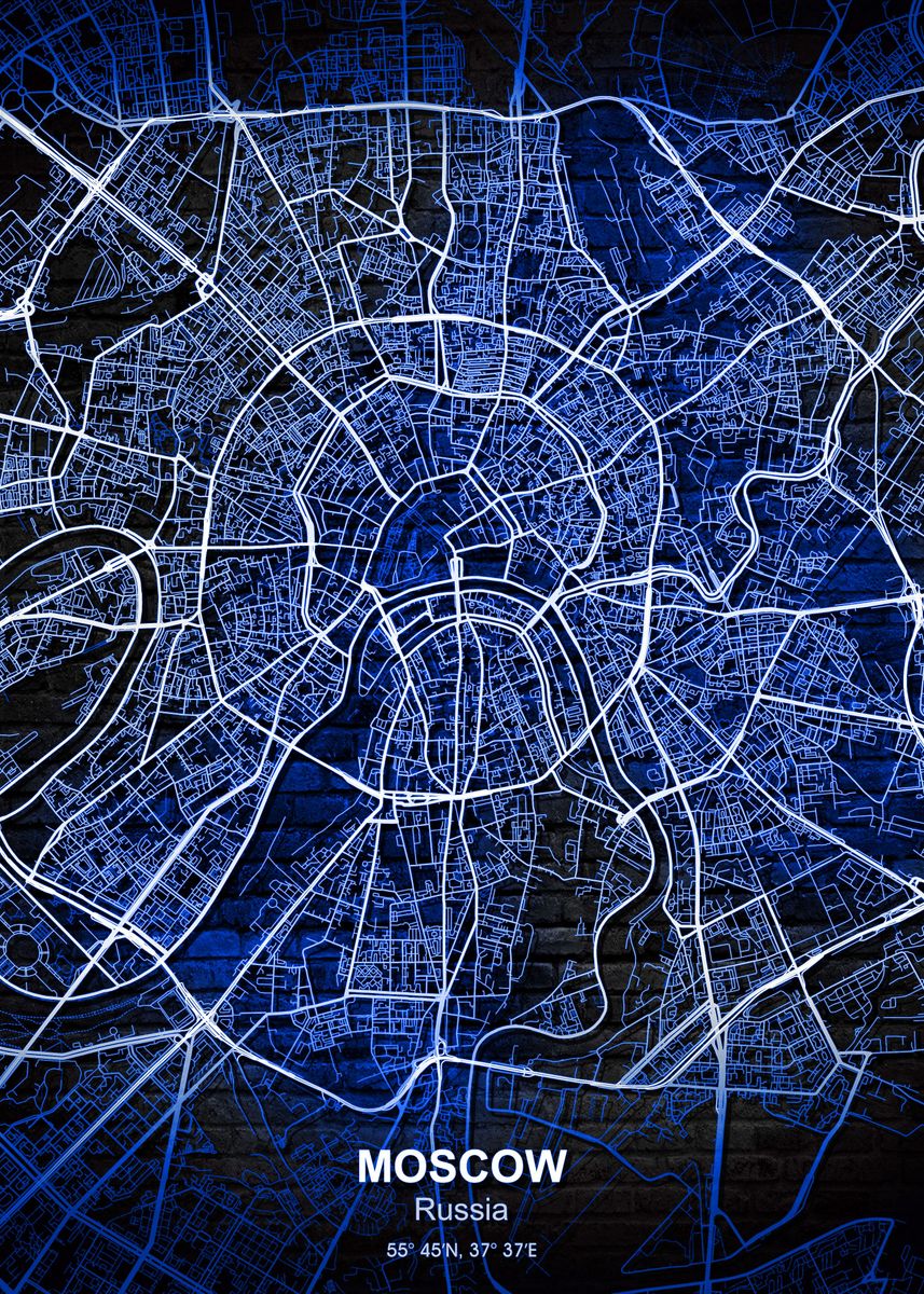'moscow blue wall map' Poster, picture, metal print, paint by Project X ...