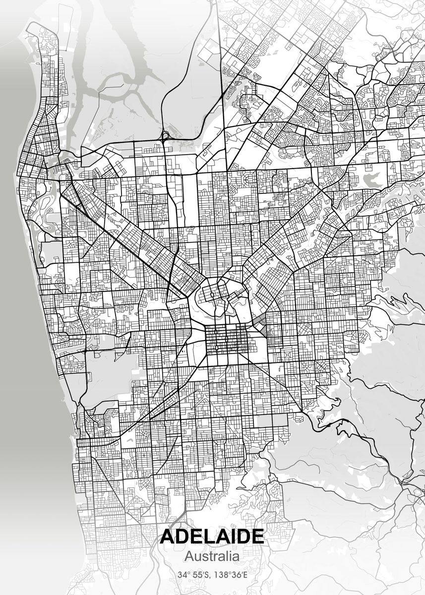 'adelaide city map white' Poster, picture, metal print, paint by ...