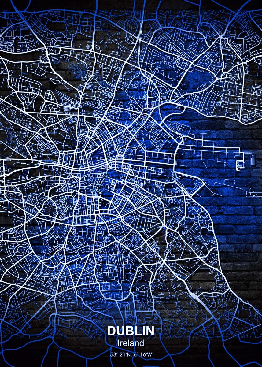 'dublin blue wall map' Poster, picture, metal print, paint by Project X ...