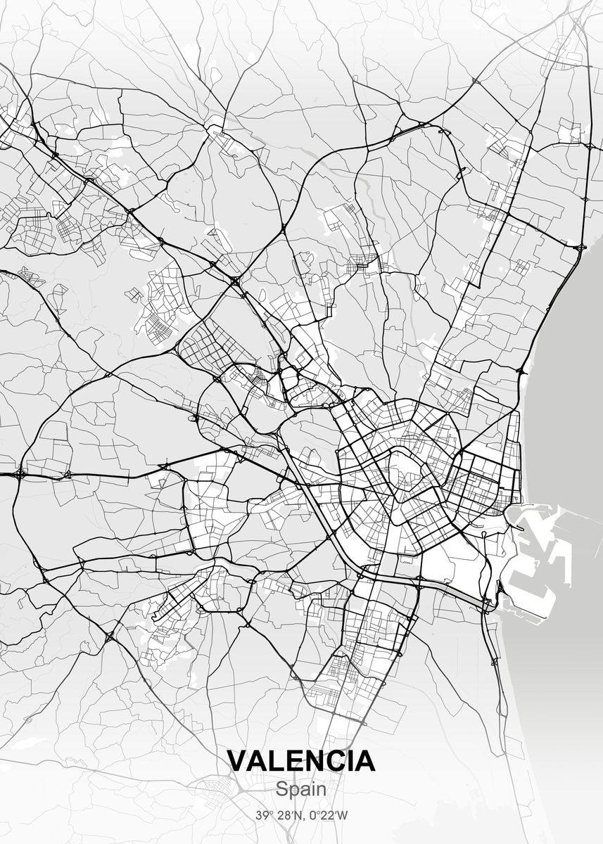 'valencia city map white' Poster, picture, metal print, paint by ...